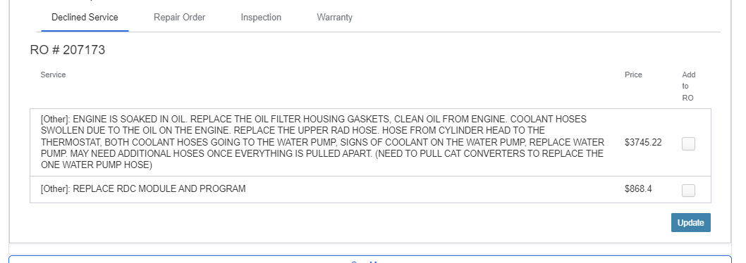Inspect Dashboard - Adding ASR from Inspect RO History