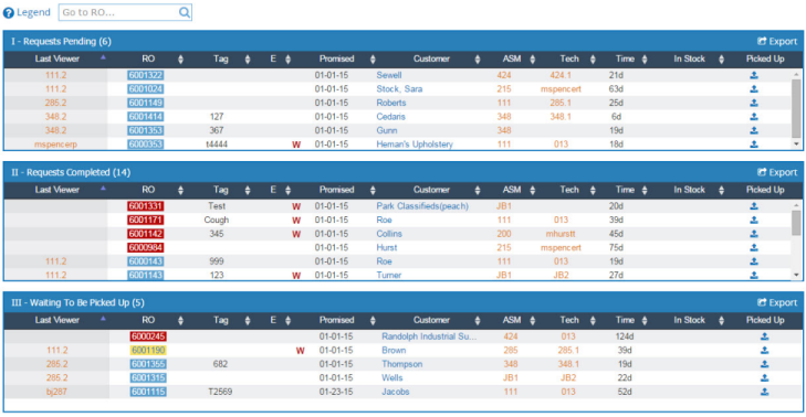 Xtime Inspect Dashboard - Inspect - Parts Dashboard